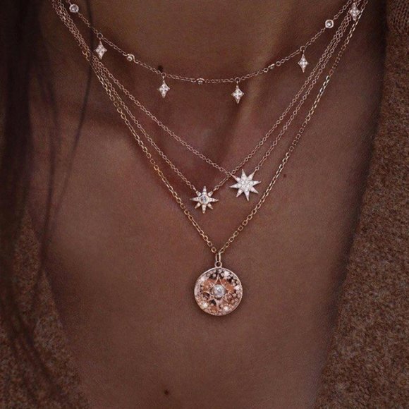 Jewelry | Gold Crystal Medallion Star Multi Layer Necklace | Poshmark